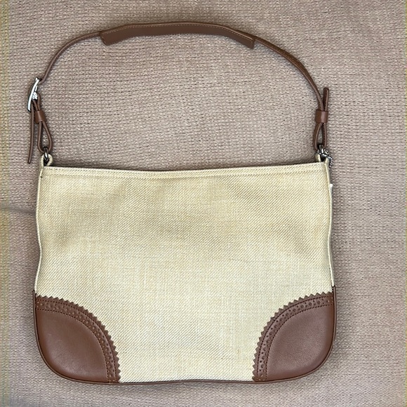 Coach | Bags | Coach Tan Linen Bag With Leather Trim | Poshmark